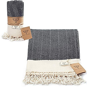 Smyrna Original Turkish Throw Blanket Herringbone Series | 100% Cotton, 50 x 60 Inches | Vintage Boho Throw Blankets for Couch, Sofa, Farmhouse and Home Decor | Lightweight and Super Soft (Black)