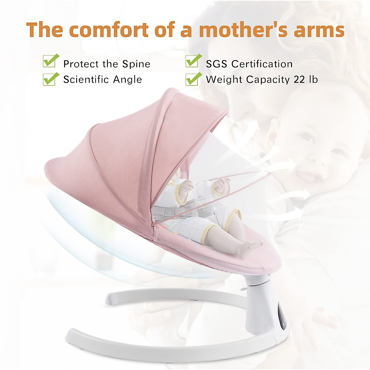 Jaoul Electric Baby Swing with Bluetooth, Remote Control, Music, 5 Swing Speeds, Harness - For Infants