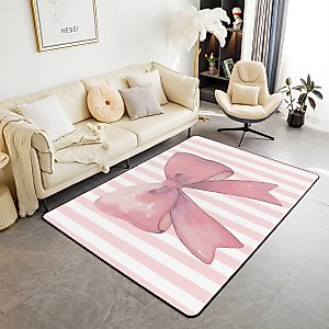 Pink Bowknot Girly Living Room Rugs Area Rug 3'x5',Dreamy Princess Style Watercolor Bow Rug for Warm Indoor Floor Mat,Pink Stripes Geometric Non-Slip Decorative Rug