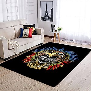 LINDENPAL Aztec Skull Warrior, Aztec Eagle Mask Headdress, Aztec Mythology, Mayan Civilization, Native Mexican Large Rug: 5x8 Feet Area Rugs