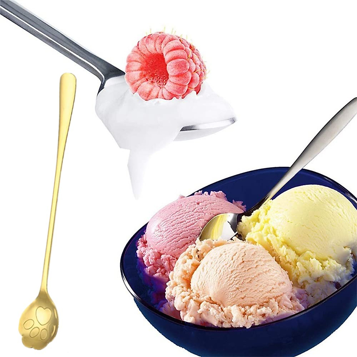 Set of 10 Cat Paw-Shaped Spoons - Long Handle 7.5-inch Design Perfect for Ice Tea, Ice Cream, Coffee Stainless Steel Stirring Spoons for Mixing Silver