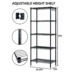 DABUFOY 5 Tier Metal Shelving, Kitchen Shelves, Adjustable Storage Shelves Heavy Duty, Wire Rack Shelf Garage Organizer, Standing Storage Shelf Units for Bathroom Pantry (Black, 23.22L x 13W x 59H)