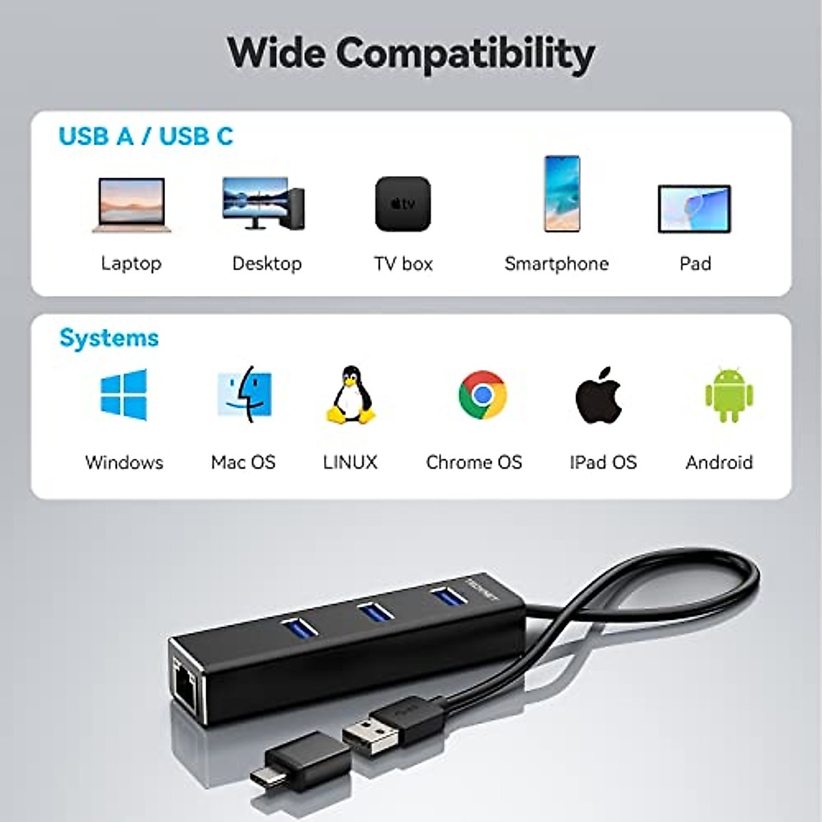 TECKNET USB to Ethernet Adapter, USB C to Ethernet, Aluminum 3 Port USB 3.0 Hub with RJ45 10/100/1000 Gigabit Ethernet Adapter Converter LAN Wired, USB Network Adapter with USB C Adapter for Laptop