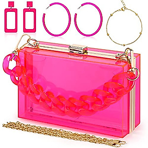Jadive 4 Pcs Women Acrylic Purse Clear Clutch Bag Evening Purses for Wedding Vintage Handbag Retro Earrings Bracelet Jewelry Set (Pink)