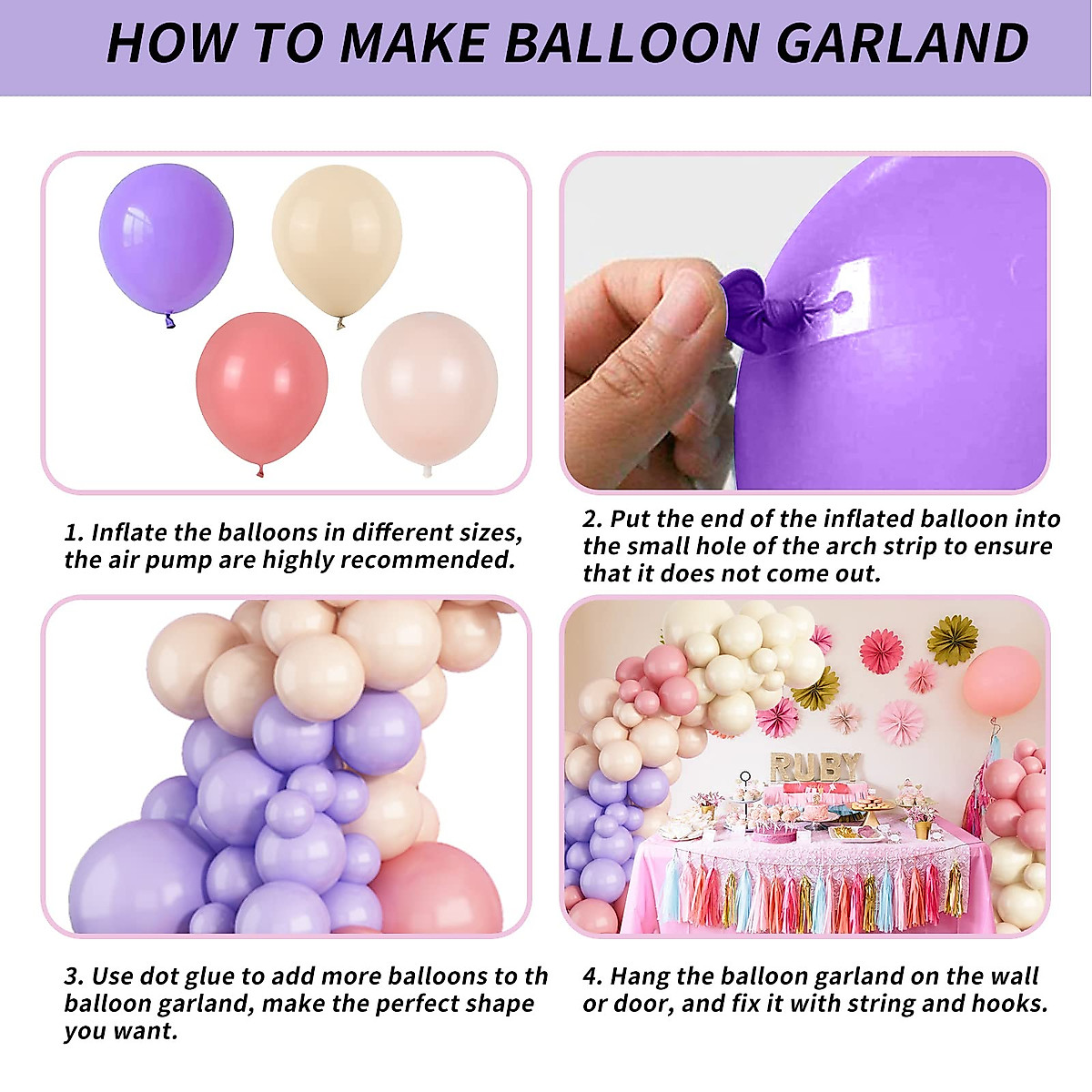 Purple Pink Balloon Garland Arch Kit Nude White Double Stuffed Balloons Cream Blush White Sand Latex Balloons Peach Pastel Light Purple Dusty Pink Balloon Birthday Party Decoration Boho Wedding