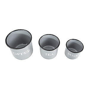 Creative Co-Op Metal Containers with Lids, "Coffee", "Tea", "Sugar" (Set of 3 Sizes/Designs),Grey