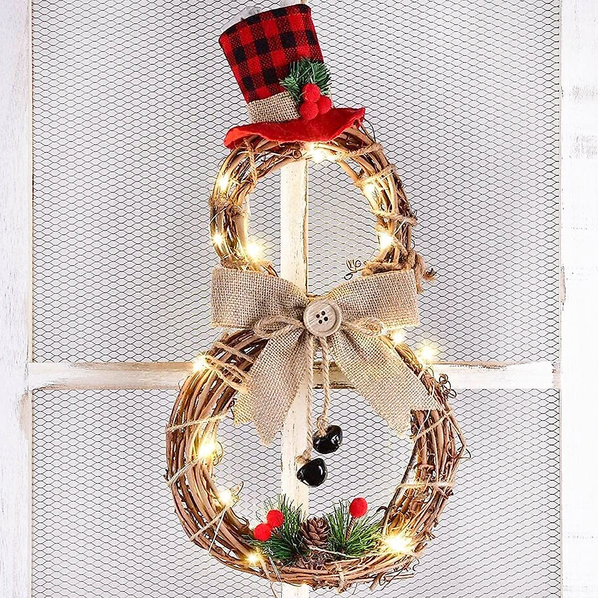 DearHouse 16 x 8 Inch Lighted Christmas Wreath Decoration, Grapevine Wreath with Hat and Bow Snowman Shape Wreath for Front Door Home Garden Wall Decor