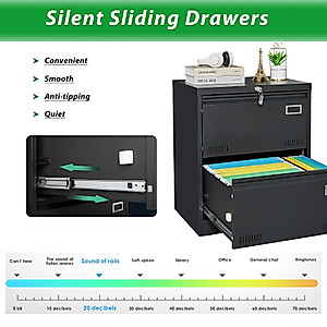 Nanberone Lateral File Cabinet, 2 Drawer Metal Lateral Filing Cabinet Hanging File with Lock for for Legal/Letter/F4 Size, Large Printer Stand Lockable File Cabinets for Home Office School, Black