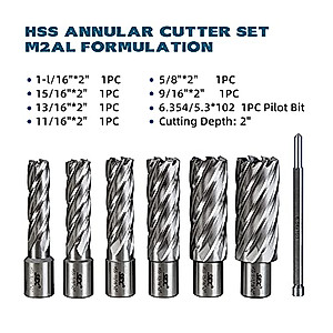 XINCHENG PRECISION Annular Cutter Set 6pcs 3/4 Inch Weldon Shank 2 Inch Cutting Depth 9/16” to 1-1/16 Cutting Diameter M2AL HSS Kit for Magnetic Drill Press with 1 Pilot Pins