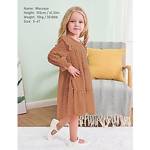 Glaoly Flower Girl Dress Summer A-Line Brown Ruffle Swiss Dot Mesh Flowy Chiffon Long Sleeve Princess Toddler Dress 5-6T