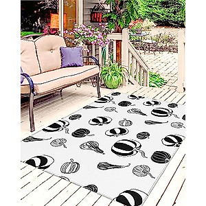 Thanksgiving Fall Outdoor Rug for Patio/Deck/Porch, Non-Slip Large Area Rug 6 x 9 Ft, Simple Black and White Fall Pumpkin Indoor Outdoor Rugs Washable Area Rugs, Reversible Camping Rug Carpet Runner