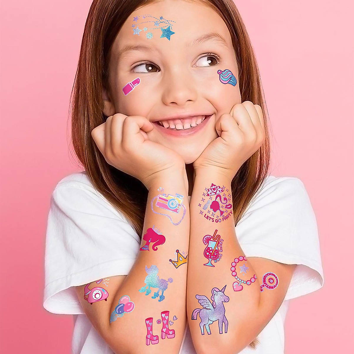 Pink Temporary Tattoos for Kids Girls and Women, Flower Star Handbag Crown Sunglasses Champagne Car Cake Party Fake Tattoos for Decorations, 140+ Styles Temporary Tattoos for Party Supplies & Favors