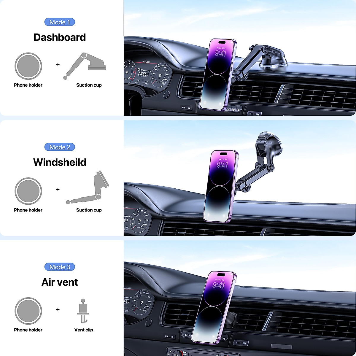 Miracase Fits for MagSafe Car Mount, [Upgraded Suction& Long Arm] Magnetic Phone Holder for Car Dashboard Windshield Vent Compatible with iPhone 15/14/13/12, Samsung and All Phones