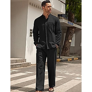 COOFANDY Mens 2 Pieces Cotton Linen Set Long Sleeve Button Up Shirt and Casual Beach Pants Summer Yoga Outfits