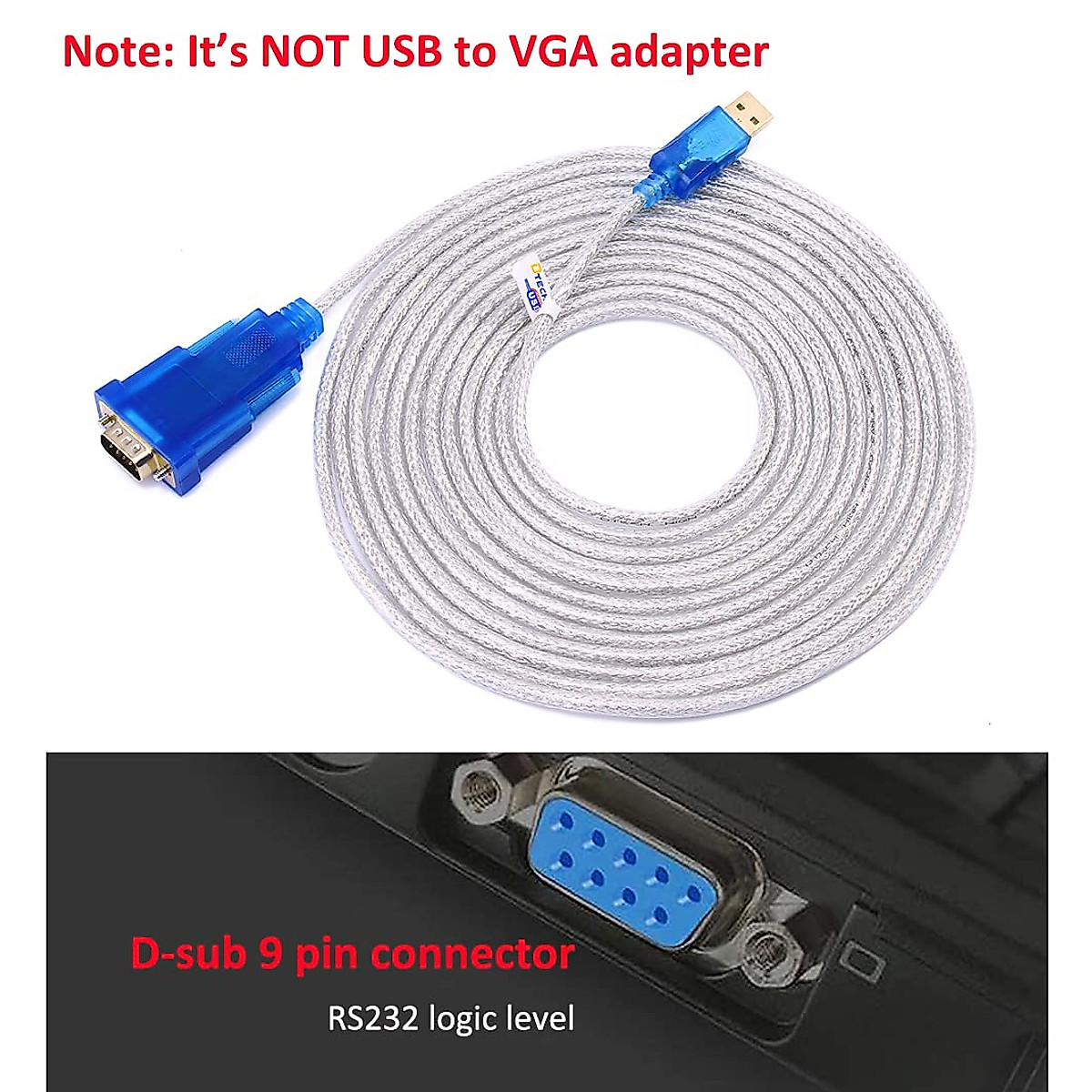 DTech USB to Serial Adapter Cable RS232 DB9 Male Port with FTDI FT232RL Chipset Supports Windows 11 10 8 7 and Mac Linux (1.5 Feet)