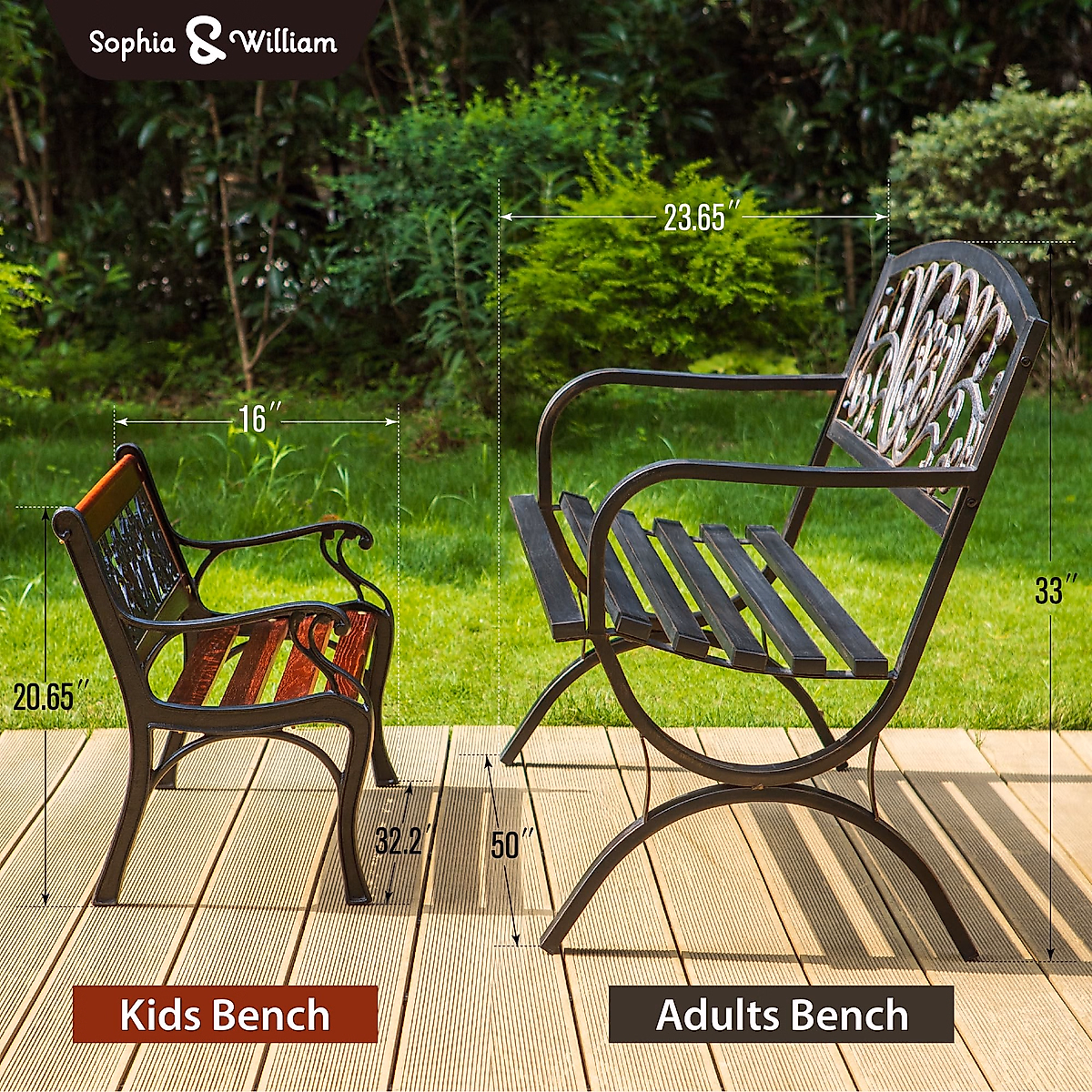 Sophia & William Outdoor Kids Bench Patio Mini Sized Garden Bench with Wooden Seat and Cast Iron Backrest for Porch, Lawn, Backyard and Indoor