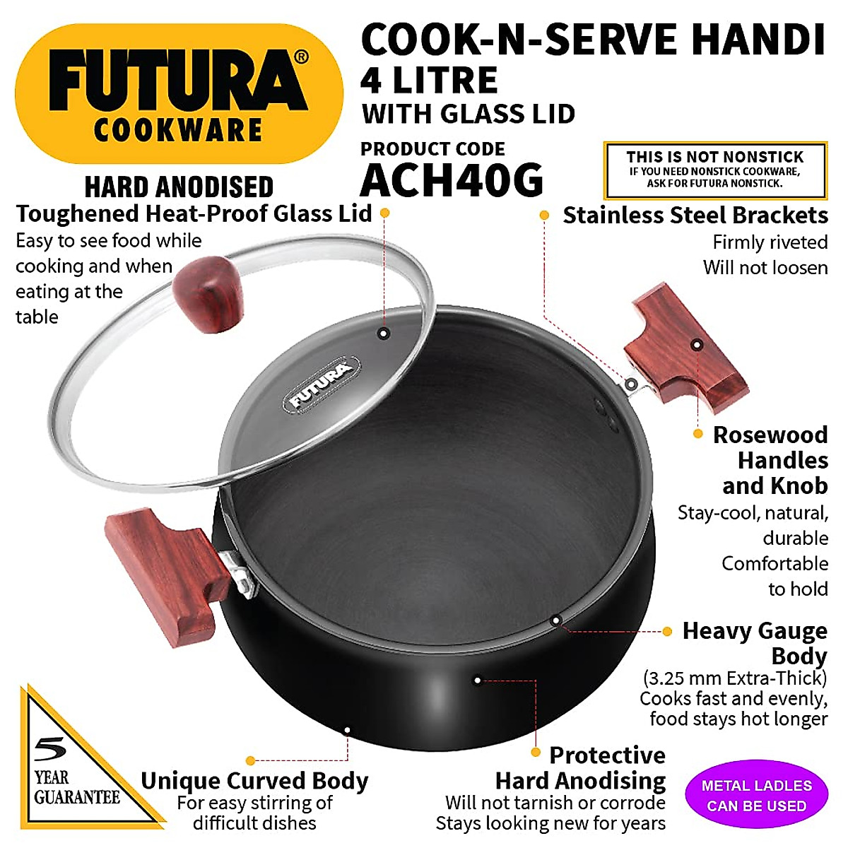 FUTURA Hawkins with 4 liters cook and serve handi glass lid, hard anodized biryani handi, pot, black (ACH40G)