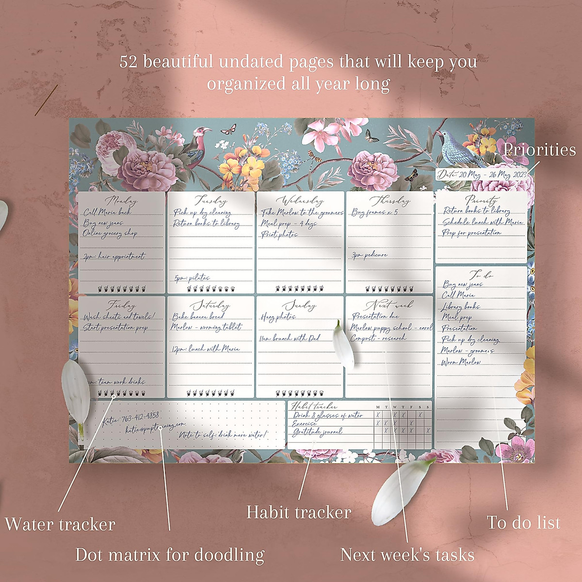 Peachly Weekly Tear Off Planner Pad - 52 Pages Desk Notepad with To Do List, Water Tracker and Habit Tracker 8.5 x 11 inches - Peony