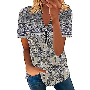 Women's Floral Printed Zipper Short Sleeve Cotton Imitation T Shirt Top Casual Top
