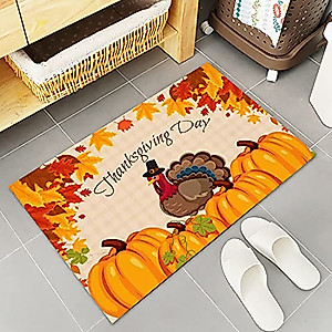 YOKOU Thanksgiving Kitchen Rugs, Day Fall Cartoon Turkey Pumpkin Maple Leaf Orange Non Slip Low Profile Runner Rug Mat for Floor, Kitchen, Bedside, Sink, Office, Laundry, Set of 2