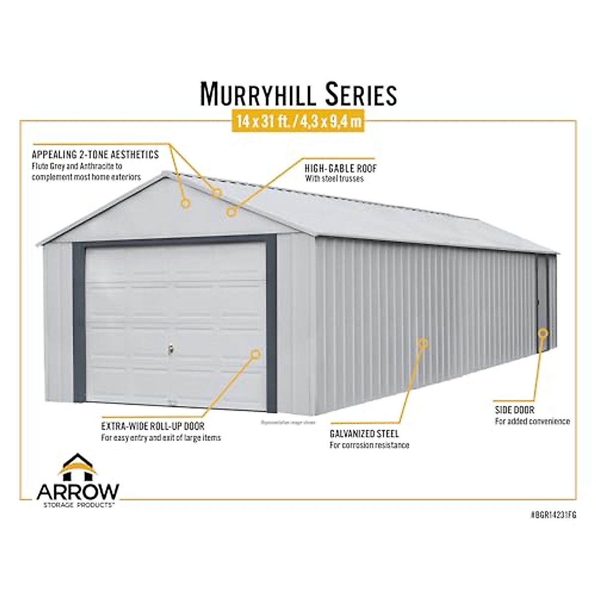 Arrow Shed 14' x 31' Murryhill Garage Galvanized Steel Extra Tall Walls Prefabricated Shed Storage Building, 14' x 31', Flute Gray