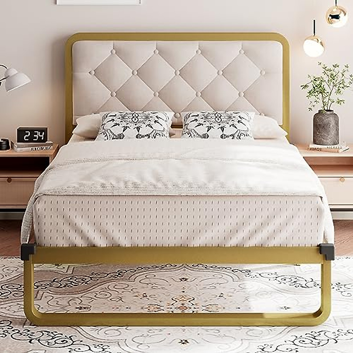 iPormis Twin Size Metal Bed Frame with Velvet Button Tufted Headboard, Curved Platform Frame, Thicker Steel Slats Support, 12'' Under-Bed Space, Noise-Free, Easy Assembly, Gold & Beige