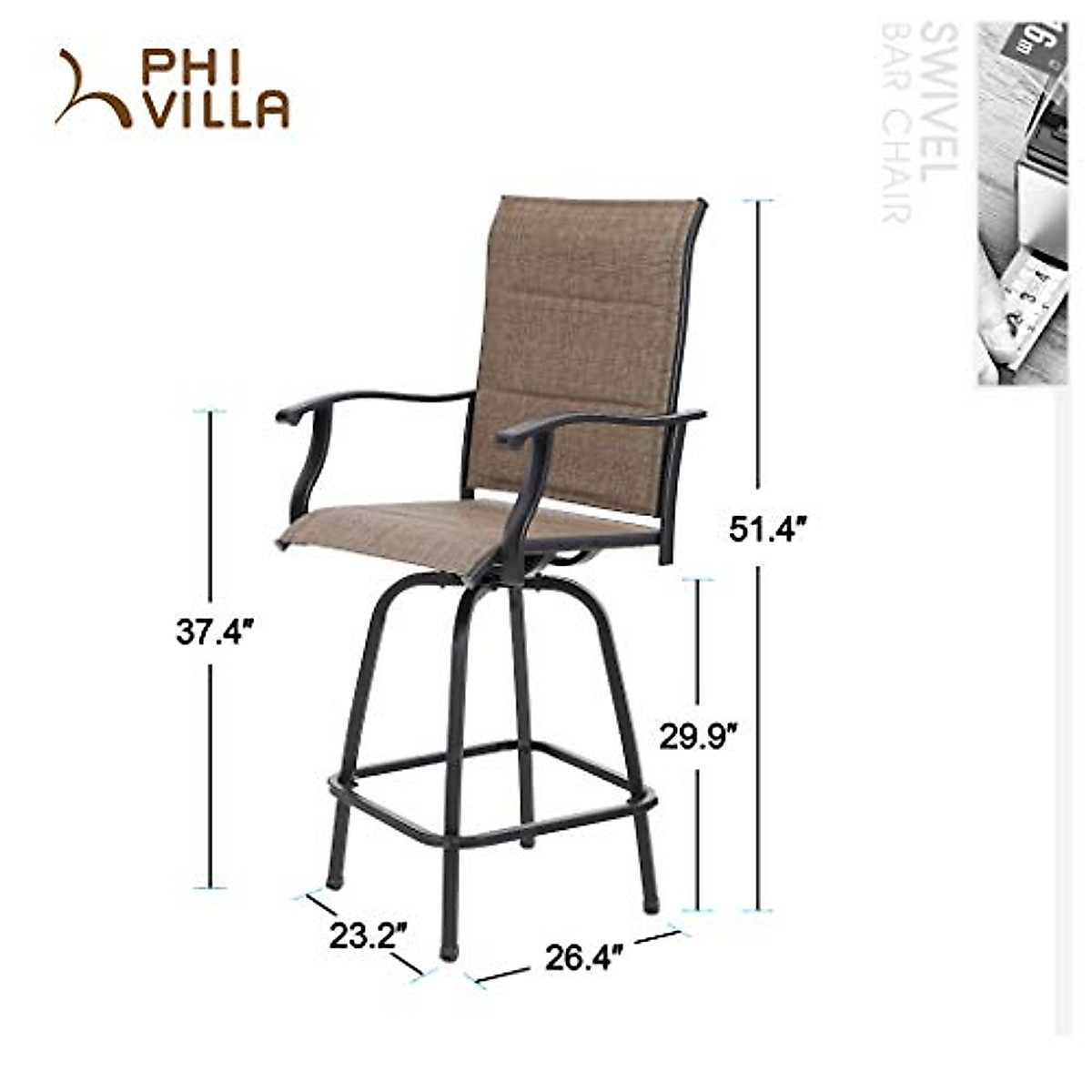 PHI VILLA Outdoor Swivel Bar Stool Set of 2 Patio Bar Chair Padded Textilene for Bistro Lawn All Weather Furniture Set, Brown