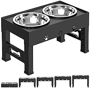 LAKIPETN 5 Height Adjustable Elevated Dog Bowls with 2 Stainless Steel Dog Food Bowls Stand Non-Slip No Spill Dog Dish Adjusts to 3.1”, 9”, 10”, 11”, 12” for Small Medium Large Dogs
