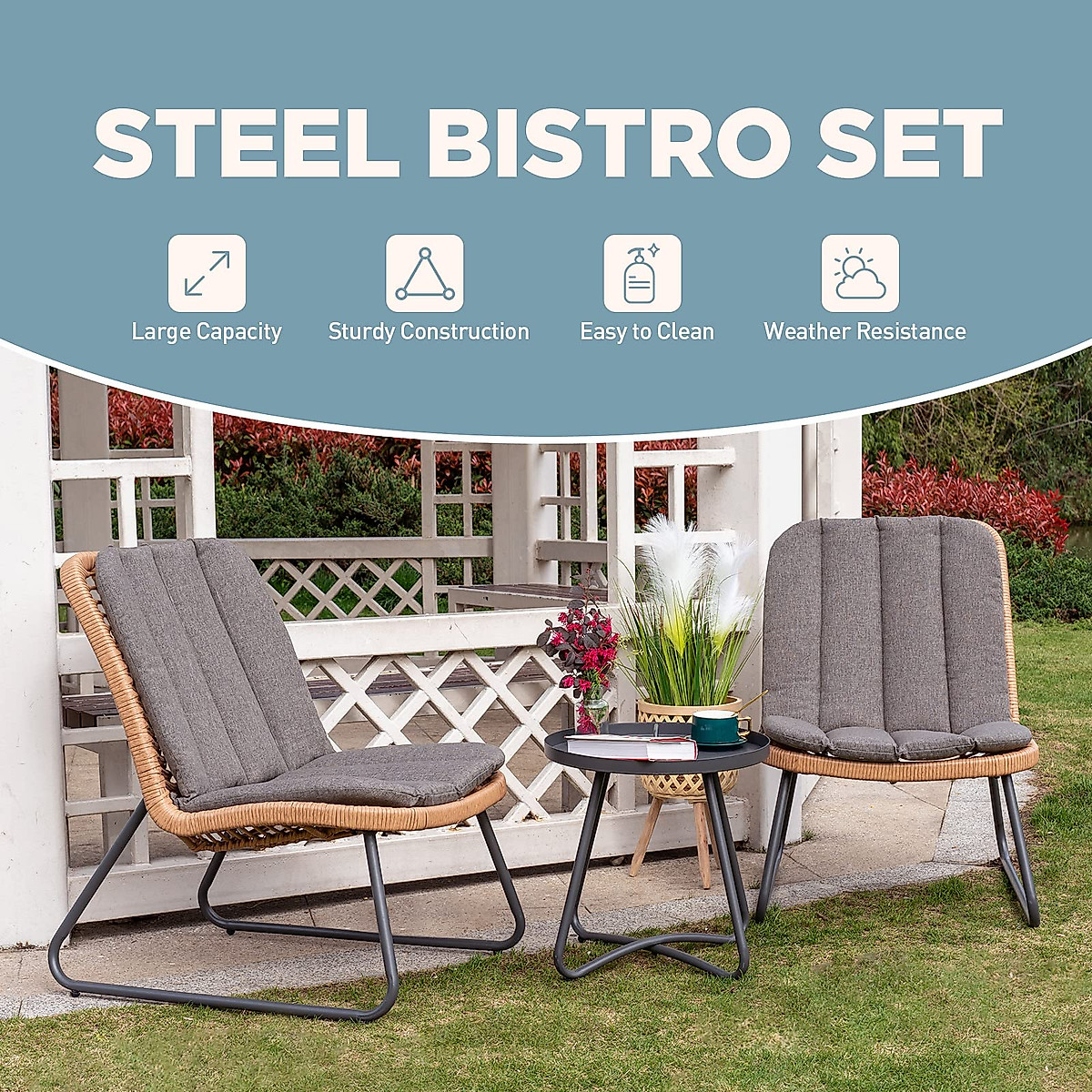 3PCS Patio Conversation Set Rattan Patio Furniture Set Adjustable Feet L-shaped Wicker Furniture Set with Portable Table Outdoor Patio Bistro Set Soft Cushions Detachable Balcony Backyard Deck