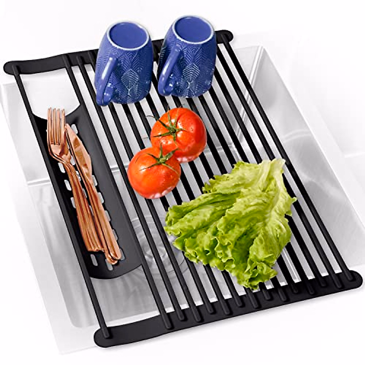 BELLE TERRE Multipurpose Roll-Up Dish Drying Rack - Silicone Wrapped, Heat-Resistant, Anti-Slip - Perfect for Small Kitchen Sink, 17" x 13"