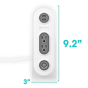 Aduro Dual USB 2 Outlet Power Strip Charging Desktop Stand Hub Extension for Phone, Laptop, with Surge Protection, Power Button, 4ft Cord - White/Grey