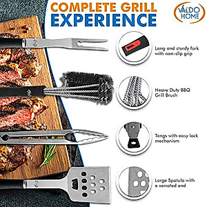 Valdo Home Heavy Duty BBQ Grill Tool Set Stainless Steel Utensils Kit Locking Tongs, Spatula, Fork, Barbecue Grill Cleaning Brush - Barbecue Grilling Accessories