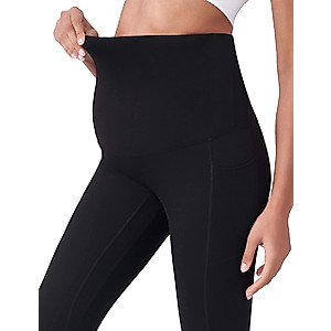 POSHDIVAH Women's Maternity Capri Leggings Over The Belly Pregnancy Workout Active Stretchy Pants with Pockets 2Pcs Black Small