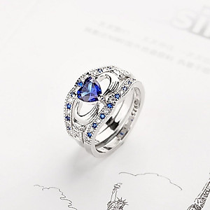 Uloveido Platinum Blue Heart Love Ring Irish Friendship Ring Women's Engagement Triple Band Set Ring CZ Bridal Wedding Jewellery HR314-7