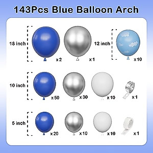 Sky Blue Cloud Balloon Arch Garland Kit-143Pcs Blue Balloon Silver Balloons White Balloon for Baby Shower Summer Party Birthday Father's Day Gender Reveal Decoration