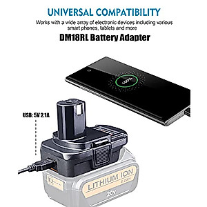 Garystat Battery Adapter DM18RL, Compatible for Dewalt 20V & Milwaukee M18 18V Lithium Battery Convert to for Ryobi 18V P108 ABP1801 Battery for Ryobi 18V Cordless Tools, with USB Port