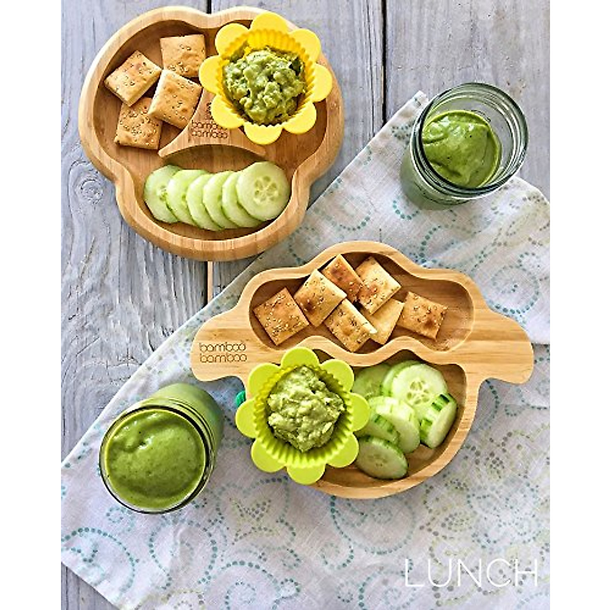 Bamboo Baby Plate with Suction - Kids and Toddler Suction Cup Plate for Babies, Non-toxic All-Natural Bamboo Baby Food Plate Stays Cool to the Touch for Baby-Led Weaning (Lamb - Green)