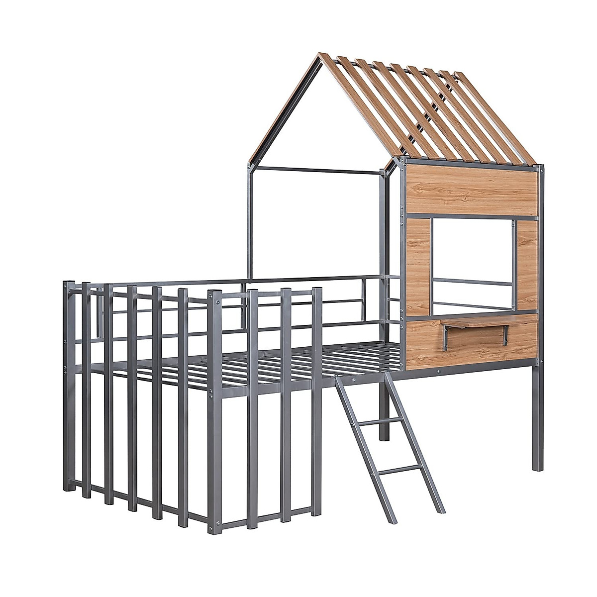 Bellemave Twin House Beds Low Loft Bed Frames Metal Toddler Tree House Bed with Windows and Roof for Kids Teens Girls Boys, Silver