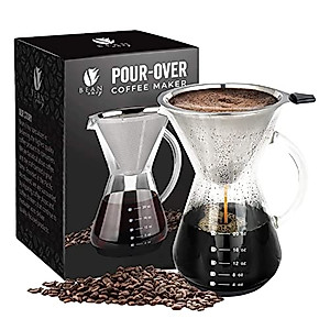 Bean Envy Pour Over Coffee Maker - 5 Cup Borosilicate Glass Carafe - Rust Resistant Stainless Steel Paperless Filter/Dripper - Includes Custom Silicone Sleeve