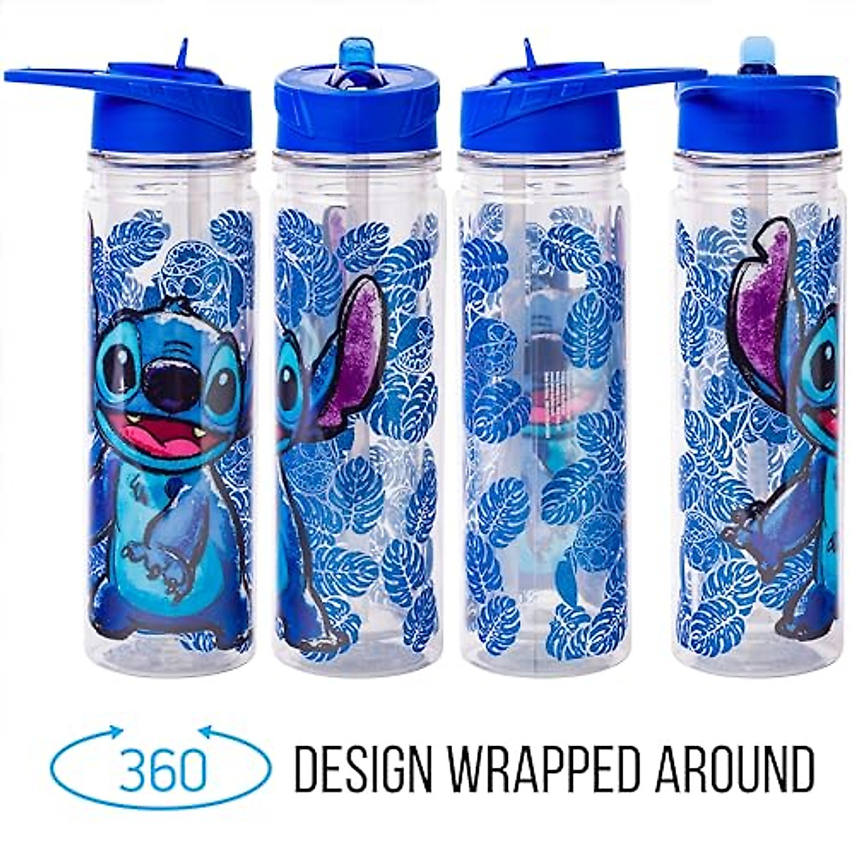 Silver Buffalo Lilo and Stitch Floral Sketch Glitter Double Walled Tritan Water Bottle, 18-Ounce