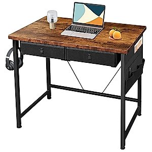 Maihail Small Computer Desk, 31.5" Small Desk with Drawer, Small Desks for Home Office Small Space, Small Desk with 2 Drawers, Wood Desk with Storage Bag, Metal Frame for PC Laptop, Rustic Brown