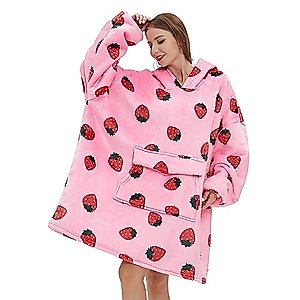 Fiosnow Strawberry Blanket Hoodies for Women and Men Adult Oversize Wearable Blanket Hoodies for Soft and Warm