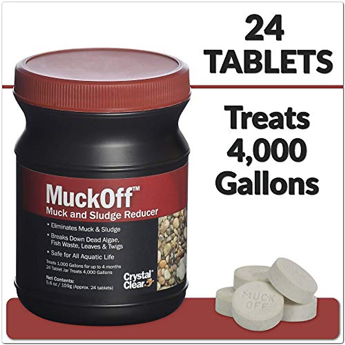 CrystalClear MuckOff, Natural Pond Muck Remover, Clears Away Muck & Sludge, Easy to Use Bacteria & Enzyme Tablets, Safe Water Treatment, Treats 1,000 Gallons, 4 Month Supply, 24 Tablets, 5.6 oz