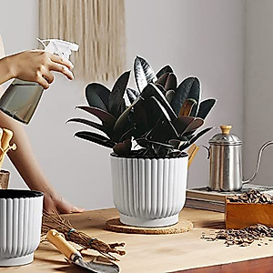 T4U 6 Inch Self Watering Pots for Indoor Plants, 6 Pack White Plastic Flower Pots for All House Plants, Flowers, African Violets