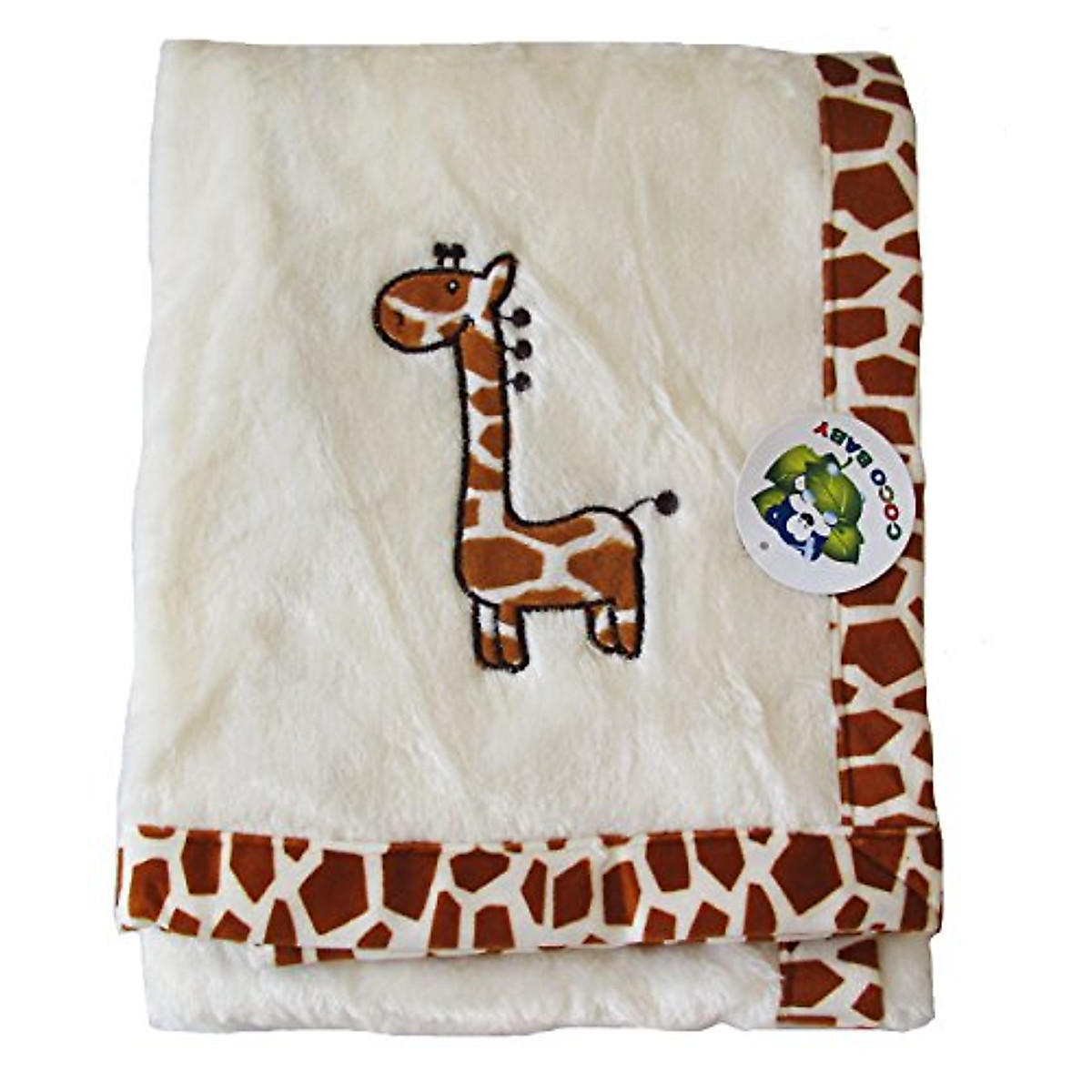 Plush Unisex Baby Blanket for Newborn Infant Toddler Boys and Girls Solid Beige Color with Animal Giraffe Embroidery Design, 40"x30"