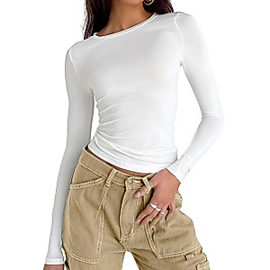 Abardsion Women's Casual Basic Going Out Crop Tops Slim Fit Long Sleeve Crew Neck Tight T Shirts (White, S)