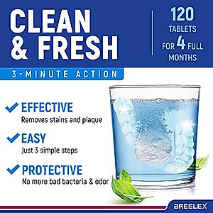 Denture Cleaning Tablets - Retainer Cleaner for Aligner, Mouth & Night Guard - 120 Pack, 4 Month Supply - Dental Cleanser for Nightguards & Mouthguards - Fresh in 3 Minutes - Removes Odor & Plaque