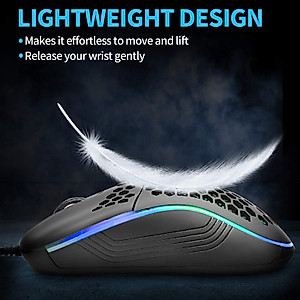 Honeycomb Wired Gaming Mouse, RGB Backlight and 7200 Adjustable DPI, Ergonomic and Lightweight USB Computer Mouse with High Precision Sensor for Windows PC & Laptop Gamers (Black)