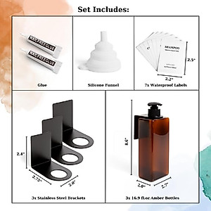 La Via Casa Shampoo and Conditioner Dispenser | 3 Plastic Amber 3 Wall Mount Black | Shampoo Dispenser with Waterproof Labels | No Drill | Shower Bottles Refillable with Pump