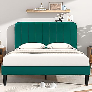 VECELO Queen Size Bed Frame with Adjustable Headboard, Velvet Heavy Duty Platform Beds with Strong Wood Slats Support, No Box Spring Needed, Green